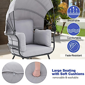 Patiorama Outdoor Indoor Rocking Egg Chair, Patio Rocker Chair with Retractable Canopy, All-Weather Outside Oversized Lounge Chair with Cushion for Garden Balcony Living Room, 350 lbs Capacity, Grey