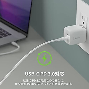 Belkin 45W Dual USB-C Wall Charger, Fast Charging Power Delivery 3.0 with GaN Technology for iPhone 14, 13, Pro, Pro Max, Mini, iPad Pro 12.9, MacBook, Galaxy S23, S23+, Ultra, Tablet, More - White
