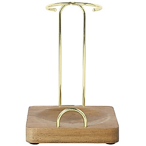 MyGift Modern Acacia Wood Upright Kitchen Spatula Utensil Holder Spoon Rest with Brass Tone Metal Wire, Countertop Vertical Standing Ladle Holder
