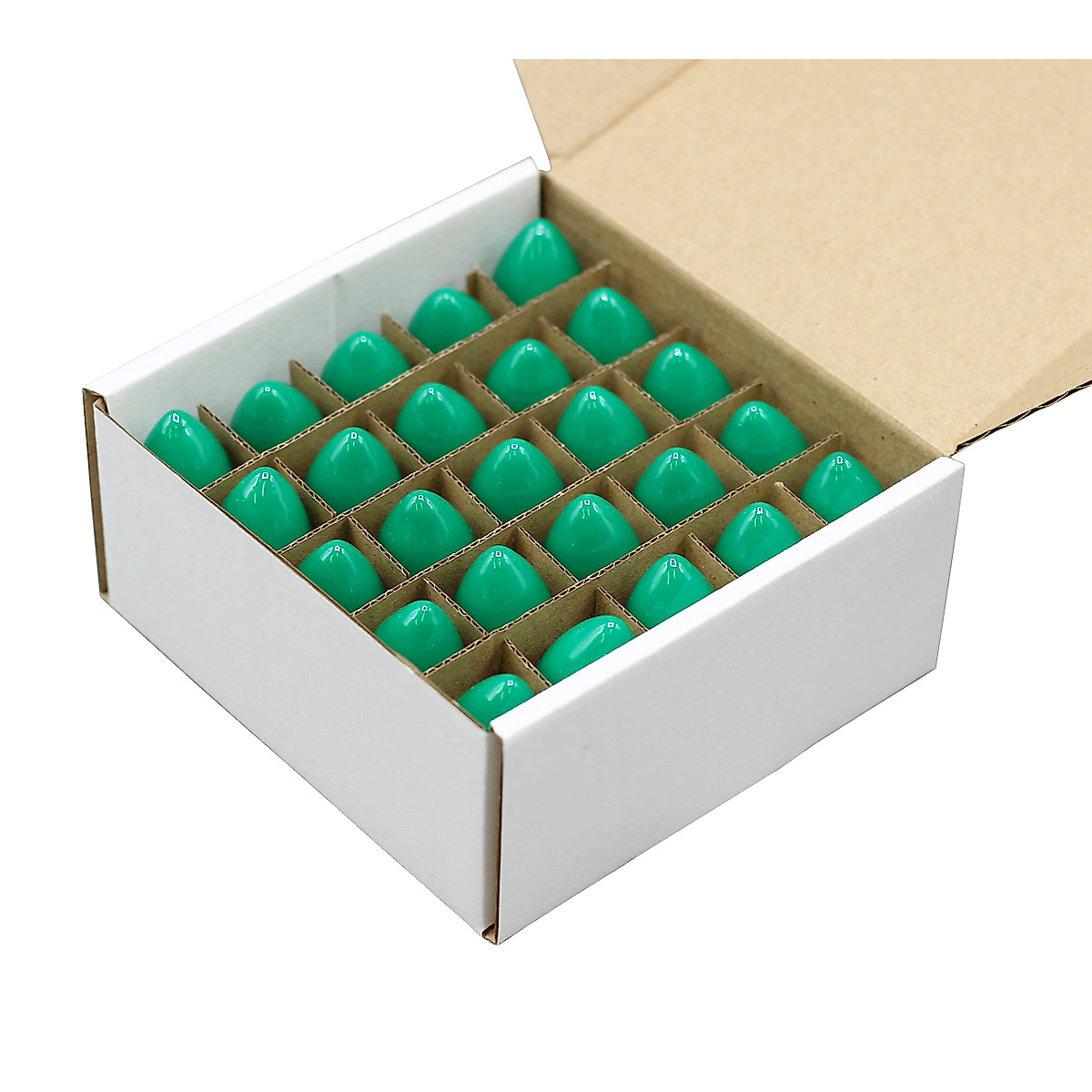 Box of 25 Light Bulbs - C7, Incandescent Steady Burning - Opaque Green - 7 Watt, Extended Life, Nickel Plated Candelabra Base - Great for Decorative Lights and Halloween Strings
