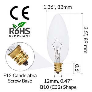 Simba Lighting Candelabra Torpedo Clear B10 CTC 25W E12 Base (12 Pack) Decorative Incandescent Light Bulbs 120V for Chandeliers, Ceiling Fan Lights, Pendants, Wall Sconces, Dimmable, Warm White 2700K