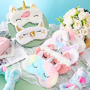 12 Packs Sleepover Party Favors for Teenager Girl, Unicorn Animal Plush Sleep Eye Mask Soft Plush Nap Eyeshade Plush Bow Headbands, Elastic Hair Band for Single Women Spa Pajama Party (Fresh Style)
