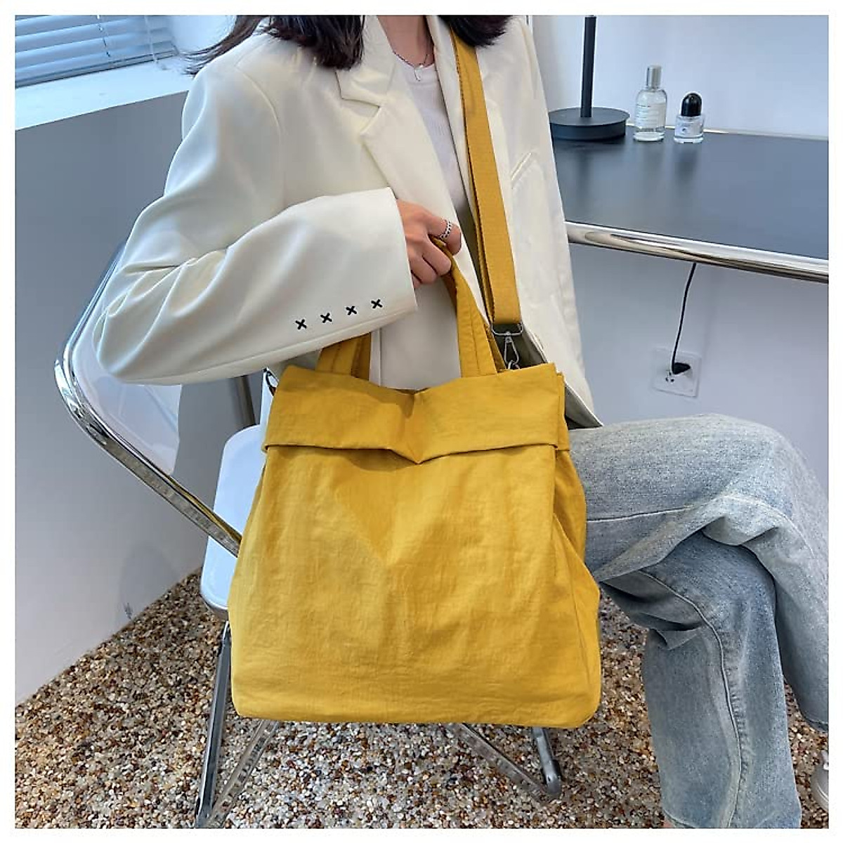 HACODAN Fairy Grunge Aesthetic Tote Bag Boho Canvas Crossbody Bag, Men Women Girls Harajuku Shoulder Bag Large Handbag (Yellow)