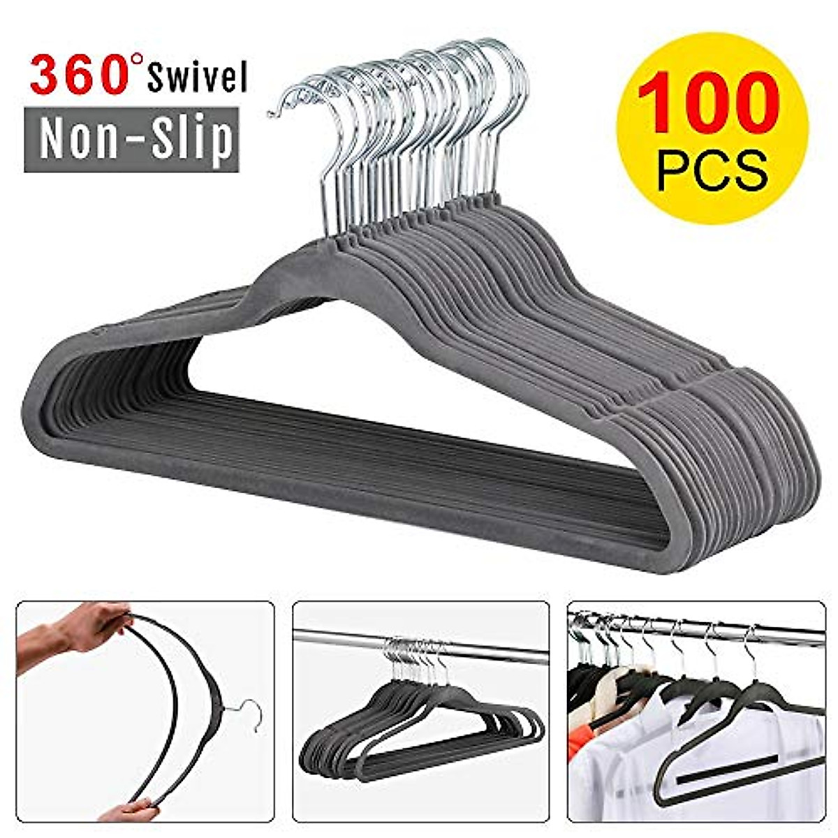Yaheetech Thin Non Slip Velvet Clothes Hangers,Strong and Durable Hold Up to 10 Lbs- Pack of 100,Gray