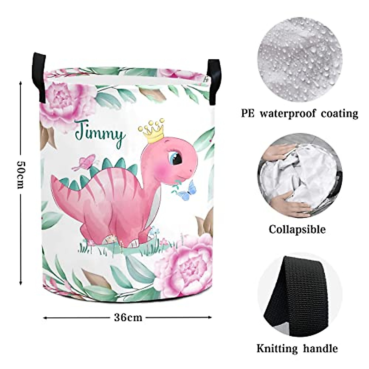 Crown Dinosaur Jungle Personalized Laundry Hamper with Handles Waterproof,Custom Collapsible Laundry Bin,Clothes Toys Storage Baskets for Bedroom,Bathroom Decorative Large Capacity 50L