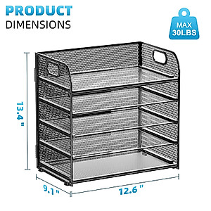 Marbrasse 5 Tier Paper Organizer Letter Tray, Mesh Desk File Organizer with Handle, Paper Sorter Desk Organizer for Home Office Supplies(Black)