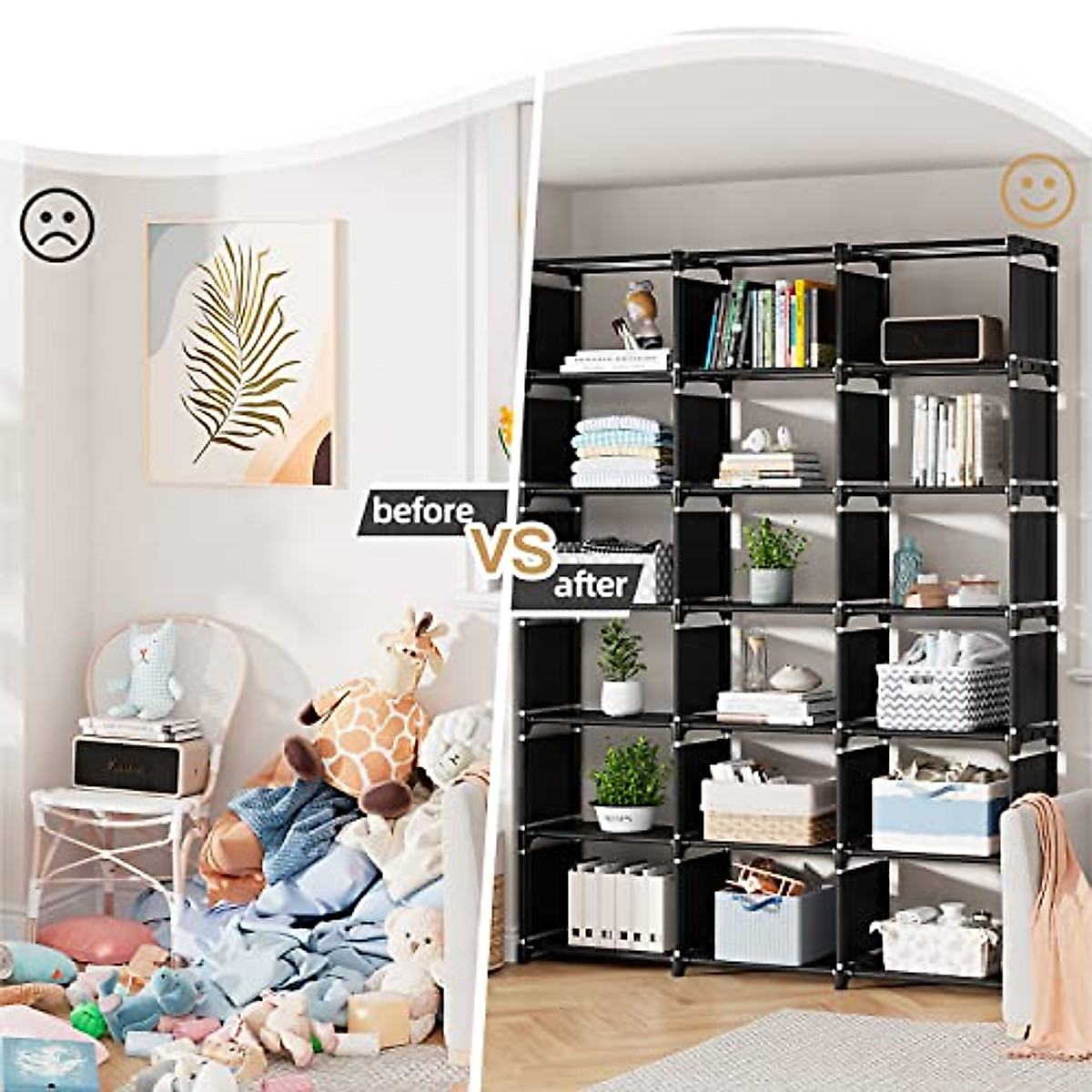 REIBII Bookshelf for Bedroom Book Shelf Organizer Bookcase Tall Book Case 18 Cube Storage Organizer Cube Shelf Black Cubby Storage Organizer Shelves for Bedroom Living Room Closet Office DIY