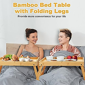 Tatuo 3 Pcs Bed Table Tray with Folding Legs and Handles Wooden Breakfast Tray Lap Snack Serving Tray Wood Laptop Desk for Eating Drawing Working Studying Dinner Bedroom Sofa Couch Kids (Bamboo)
