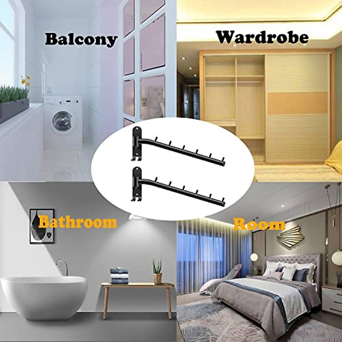 Bosszi 2-Pack Wall Mounted Folding Clothes Hanger Rack, Stainless Steel Clothes Hooks with Swing Arm Holder Space Saving Clothing Hanging System Closet Storage Organizer Heavy Duty Drying Rack (Black)