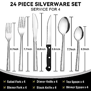 24-Piece Silverware Set with Steak Knives, Funnydin Forks and Spoons Silverware Set for 4, Food-Grade Stainless Steel Flatware Cutlery Set, Utensil Sets for Home Kitchen Restaurant, Dishwasher Safe
