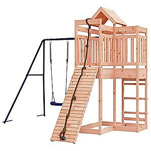 Loibinfen Outdoor Playset Solid Wood Douglas, Garden Play Set with 1 Play Tower, 1 Climbing Wall, 1 Single Swing Set, Modern Outdoor Backyard Children's Climbing Wood Playground Playset,-4544
