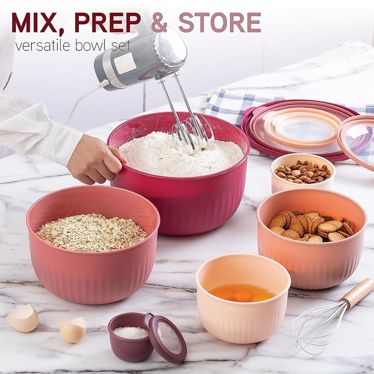 COOK WITH COLOR Prep Bowls with Lids- Wide and Deep Nesting Plastic Small Mixing Bowl Set with Lids, 12 Piece Set - Deep Bowls, Rose