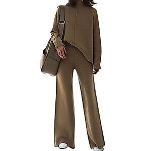 Fixmatti Women's 2 Piece Outfits Sweatsuit Knit Long Sleeve Sweater Wide Leg Pants Loungewear Brown S