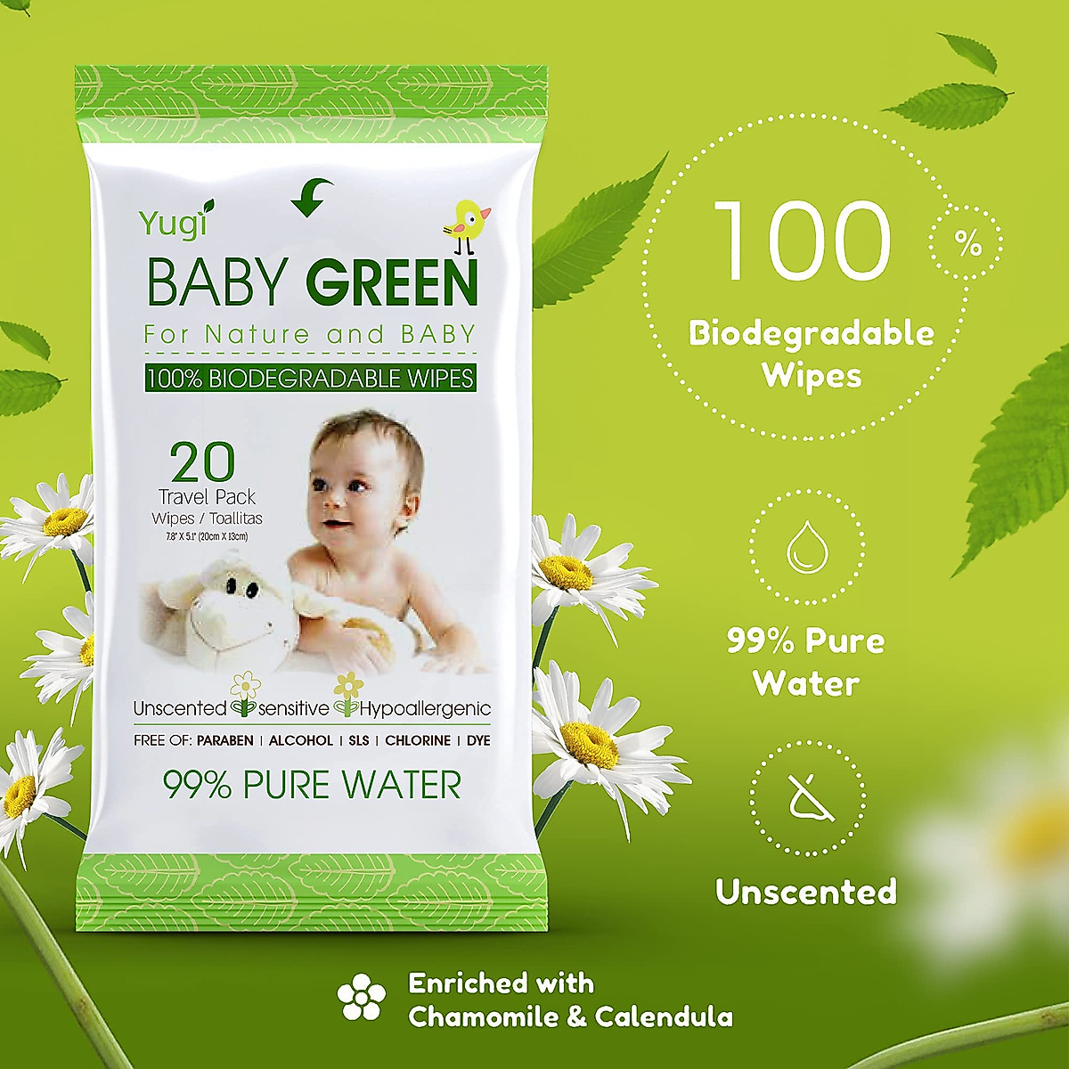 Baby Green Wipes Unscented compostable Organic Biodegradable – Travel Pack (12 Packs of 20) 240 for Sensitive Skin