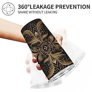 FHENMSA Stainless Steel Insulated Travel Coffee Mug,Black And Golden Pattern Print Reusable Car Cup,Thermal Cup for Outdoor with Straw And Lid