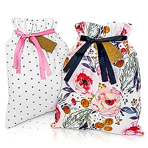 Gather & Knot Drawstring Gift Bags | 16" Medium | Premium Canvas | Reusable Fabric Wrap for Valentines, Weddings, Bridesmaids, Birthdays - All Occasion | Pink Floral
