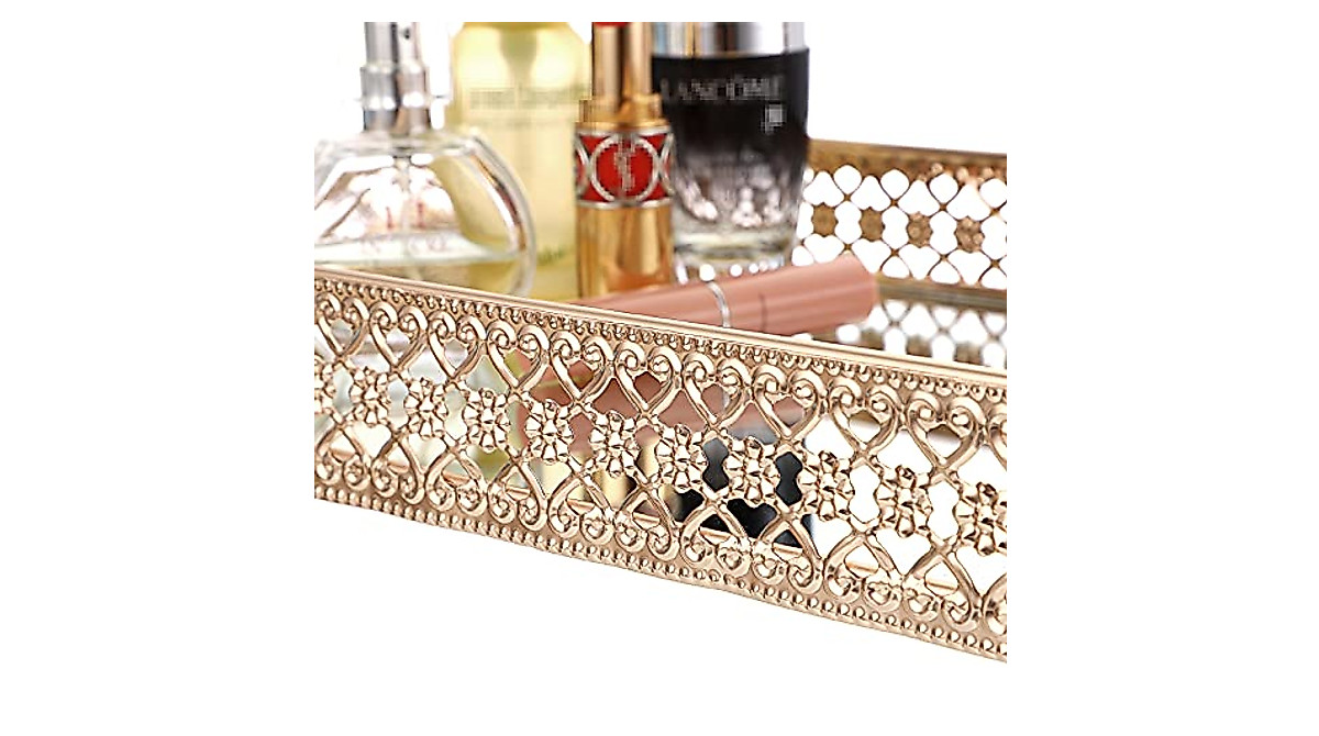 ELLDOO Gold Perfume Tray - Elegant Mirrored Jewelry & Cosmeti Organizer