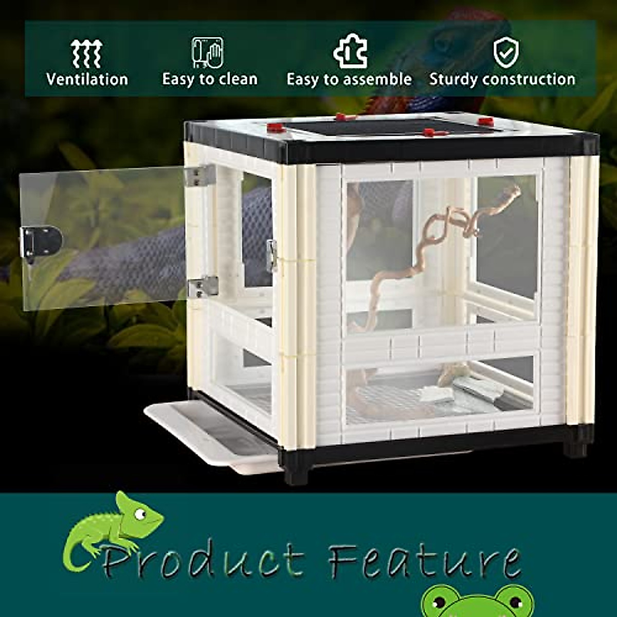 crapelles [Large Reptile Tank], Pet Cage Terrarium with Glass Window, Front Opening Door with Top Screen Ventilation, Reptile Terrarium Habitat for Reptiles Amphibian 15.7" x 15.7" x 15.7"(Knock-Down)