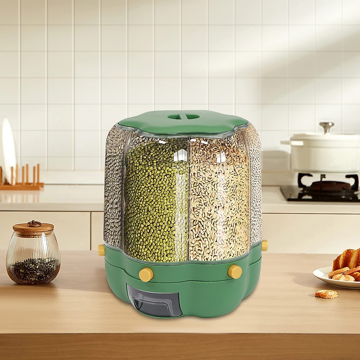 Gagalayong Cereal Grain Container Storage, 6 Compartment Separate Rice Dispenser, 360° Rotating Grain Storage Food Dispenser with Lid for Peanut Barley Millet and Large Grain Cereal (27.55lbs