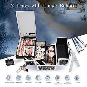 Joligrace Makeup Train Case Portable Cosmetic Box 2 Trays with Mirror Lockable for Makeup Nail Tech and Beauticians Traveling Makeup Storage Organizer - Black Star