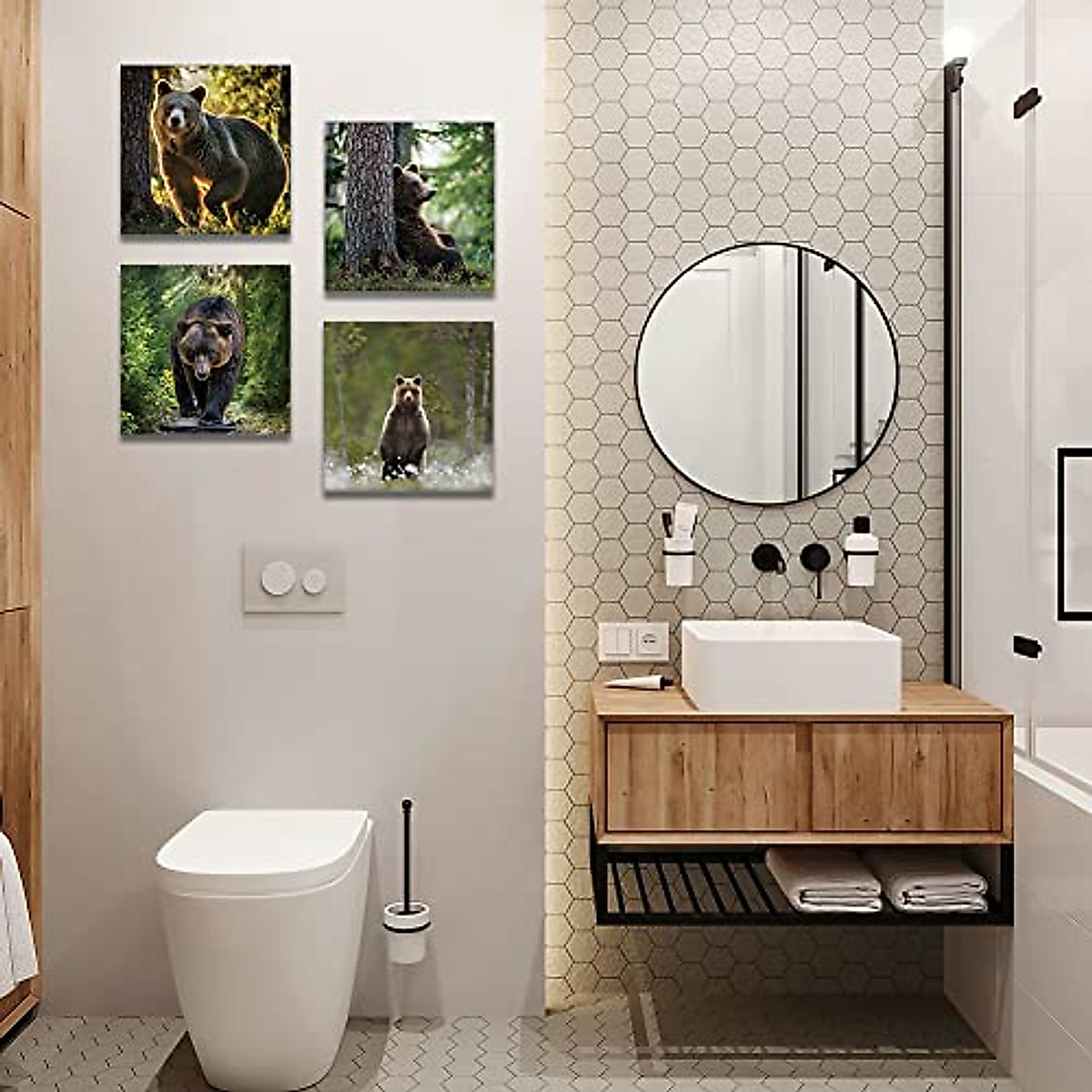 OTOSTAR 4 Pieces Wall Art Canvas Prints - Forest and Bear Picture Painting - Modern Wall Artwork Framed for Gifts Bathroom Home Kitchen Office Decor - 12 x 12 Inch