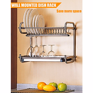 Kitchen Hardware Collection 2 Tier Dish Drying Rack Stainless Steel Wall Mounted Or Stand On Countertop Draining Rack 23.2 Inch Length 20 Dish Slots Organizer with Drainboard for Cup Plate Bowl