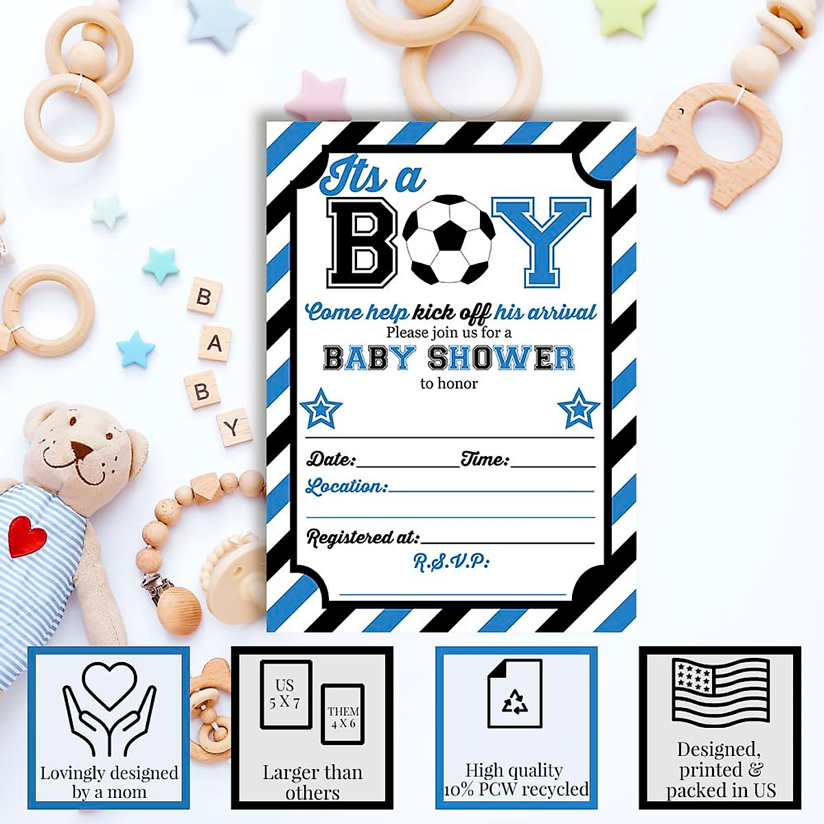 Blue & Black Kick Off His Arrival Soccer Themed Baby Sprinkle Baby Shower Invitations for Boys, 20 5x7 Fill In Cards with Twenty White Envelopes by AmandaCreation