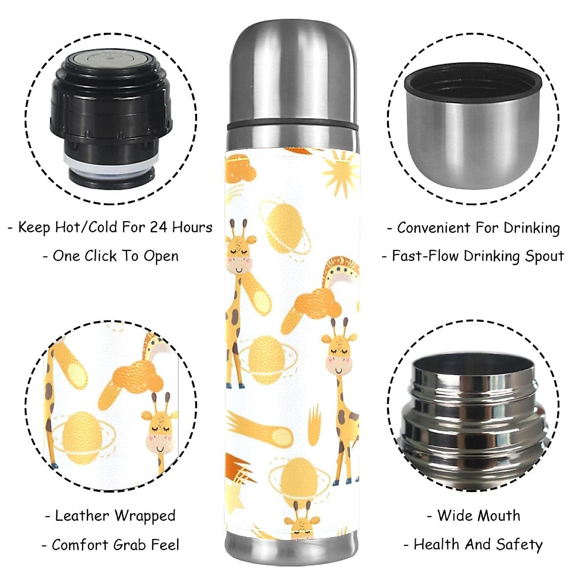 Stainless Steel Leather Vacuum Insulated Mug Giraffe Thermos Water Bottle for Hot and Cold Drinks Kids Adults 16 Oz