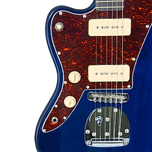 CNZ Audio JM Electric Guitar - Left Handed - Transparent Midnight Blue, Amber Maple Neck, Rosewood Fingerboard, Ivory Pickups & 3ply Tortoise Pickguard
