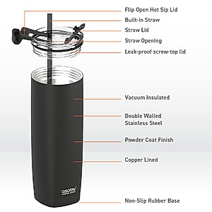 asobu Aqualina Stainless Steel Insulated Water Bottle with Interchangeable Hot and Cold Lid and Built in Straw (Black)