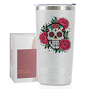 Onebttl Sugar Skull Gifts for Women, Day of the Dead, 20 oz Travel Tumbler with Lid, Brush, and Straw, Mexican Gifts, Silver Glitter