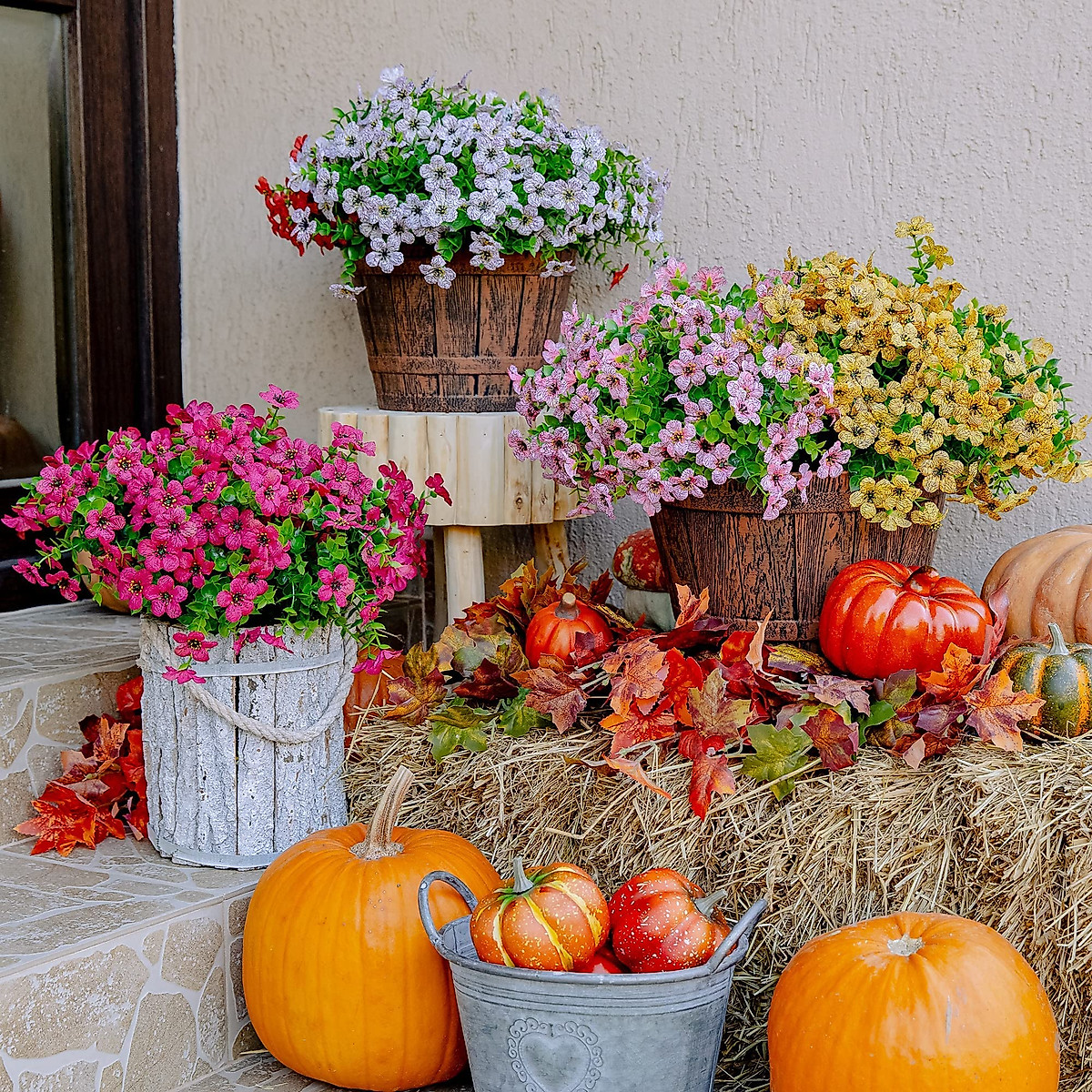 AXYLEX Artificial Flowers for Outdoors Fake Plants - 16 Bundles Faux Outside Greenery Boxwood No Fade Plastic Shrubs Fall Decor Farmhouse Home Garden Thanksgiving Mums (Pink)