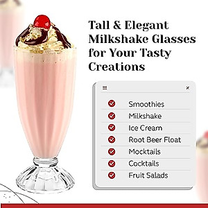 PARNOO Milkshake Glasses - American Retro Style Ice Cream Sundae Glasses with 6 Stainless Steel Spoons for Parties & Events - Perfect for Fruit Salads, Root Beer, Soda, & Floats - 6 Pack, 12 oz