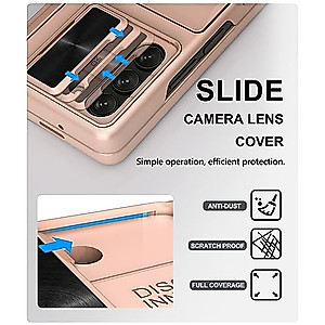 SIXBOX for Galaxy Z Fold 5 Case with Card Holder & Screen Protector & S Pen Holder & Slide Camera Cover & Hinge Protection, Shockproof Wallet Phone Case for Samsung Z Fold 5 2023, Rose Gold