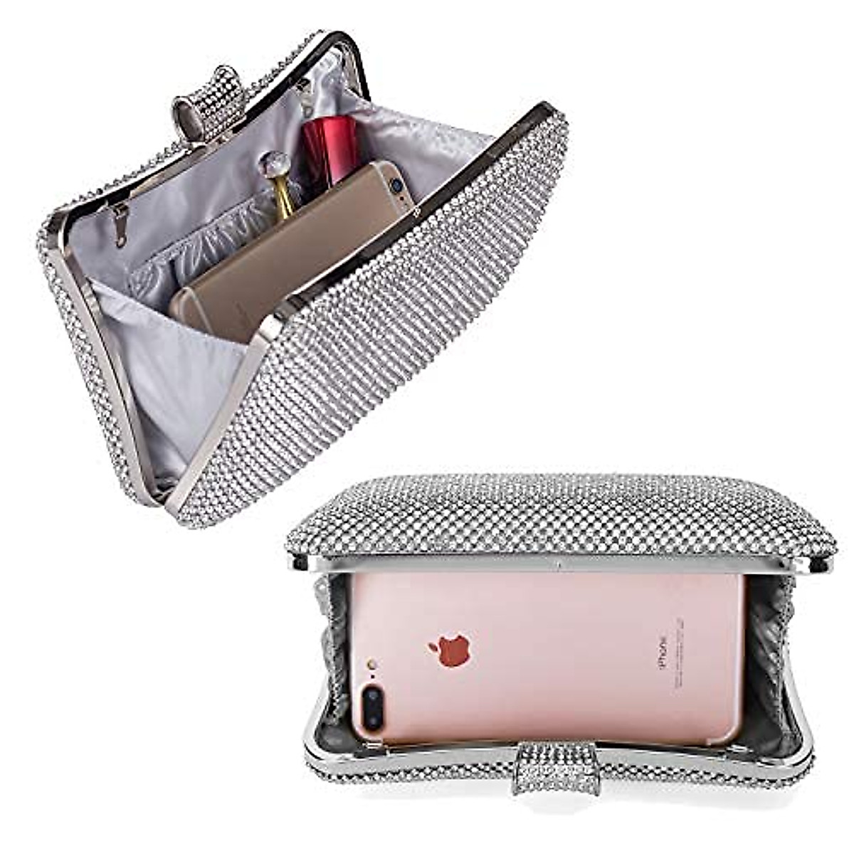 Pinprin Ladies Sparkly Rhinestones Evening Clutches Women's Crystal Diamante Evening Bag Prom Wedding Handbag Party Purse (B-Silver)