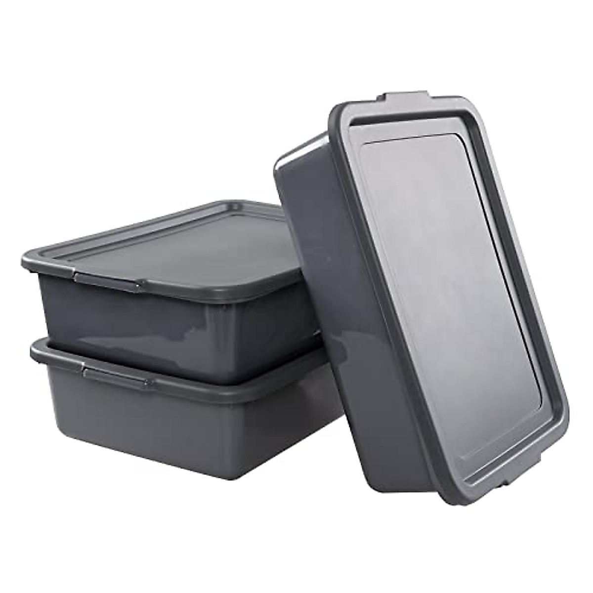 Zopnny Pack of 3 Plastic Bus Tub, Commercial Bus Box with Lid, Grey