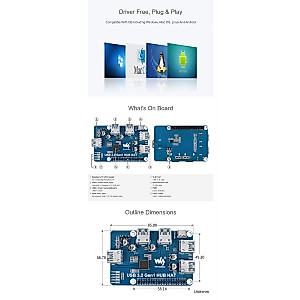 USB 3.2 Gen 1 HUB HAT for Raspberry Pi,4X USB 3.2 Gen1 Ports,4X USB 3.2 Gen1 Ports,Compatible with USB 3.0 / 2.0 /1.1,Driver-Free