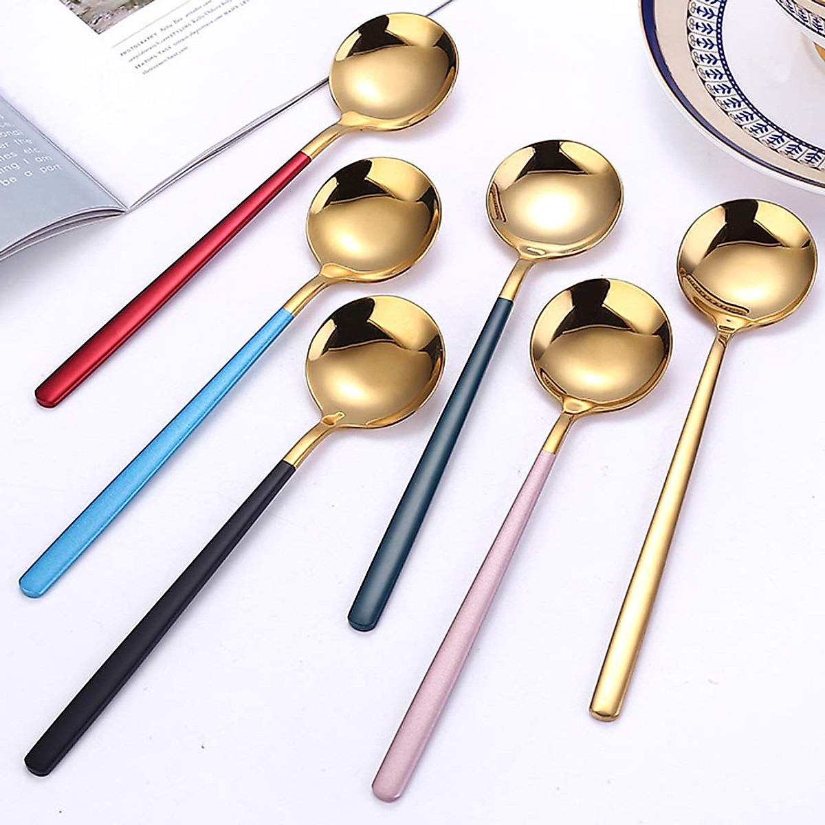 Spoons Cutlery, 18/10 Stainless Steel Korean Spoons 6 Pieces Soup Spoons (Green Gold)