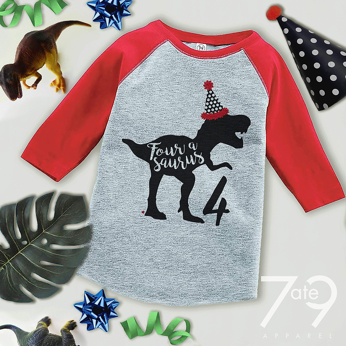7 ate 9 Apparel Four 4 Fourth 4th Dino Birthday Dino Dinosaur Red Baseball Shirt T-Shirt 4T
