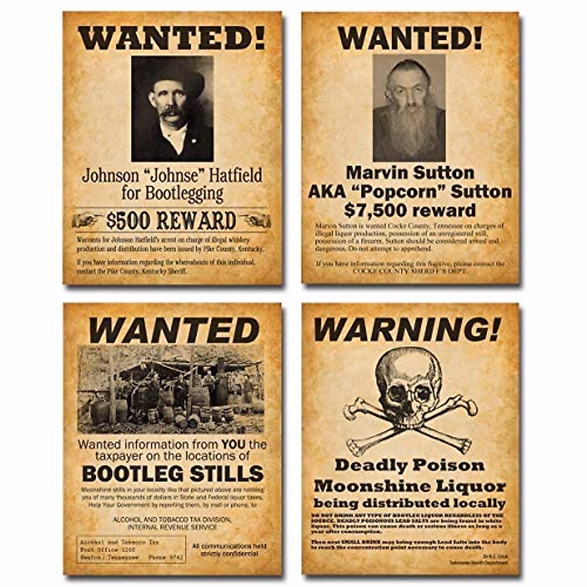 Bootleggers Wanted Posters Art Prints - Set of Four Photos (8x10) Unframed - Makes a Great Bar and Drinking Establishment Decor and Gift Under $20 for Home Brewers