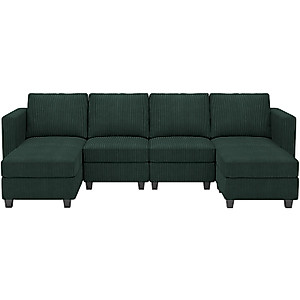 Belffin Modular U Shape Couch with Storage Ottoman Corduroy Sectional Couch with Chaise Convertible Modern Sectional Sofa Couch Dark Green
