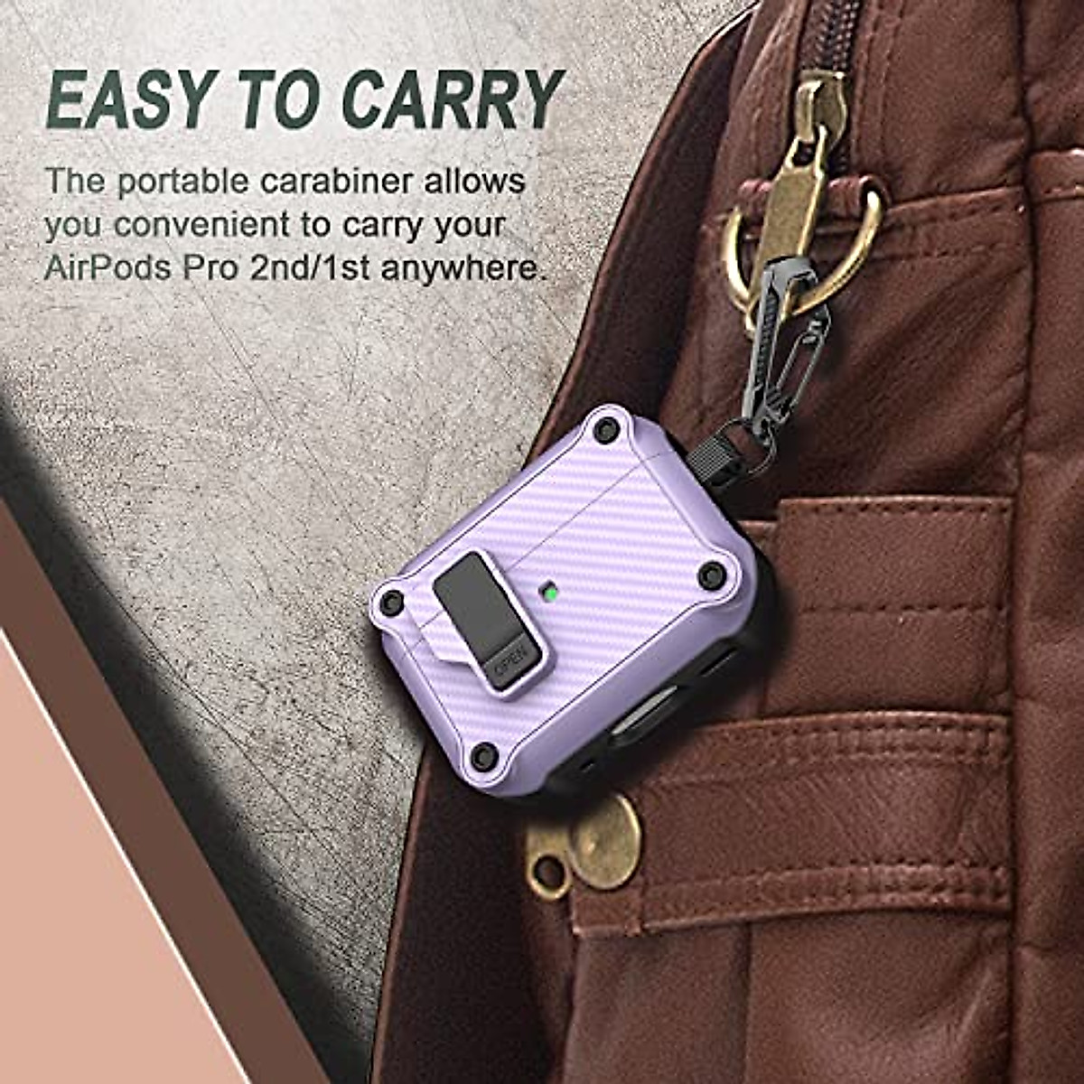 RFUNGUANGO for AirPods Pro 2nd /1st Generation Case Cover, Automatic Pop-up Carbon Fiber Case with Secure Lock Clip, Full Body Shockproof Hard Shell Protective Case for AirPods Pro 2022/2019- Purple