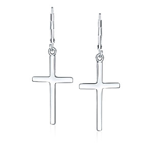 Classic Simple Plain Religious Cross Drop Dangle Earrings For Women For Teen Secure Lever back High Polished .925 Sterling Silver