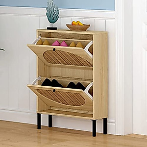 TehRecBT Rattan Shoe Cabinet with 2 Flip Drawers, Entryway Shoe Storage Cabinet with Flip Door & Metal Legs, Modern Freestanding Tipping Bucket Shoe Organizer for Entryway, Hallway, Bedroom