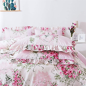 FADFAY Floral Bedskirt Set Lace Bedding Pink Duvet Cover Set Rose Printed 100% Cotton Queen House Bedding Sets for Girls Women (4-Piece, Queen, Pink)