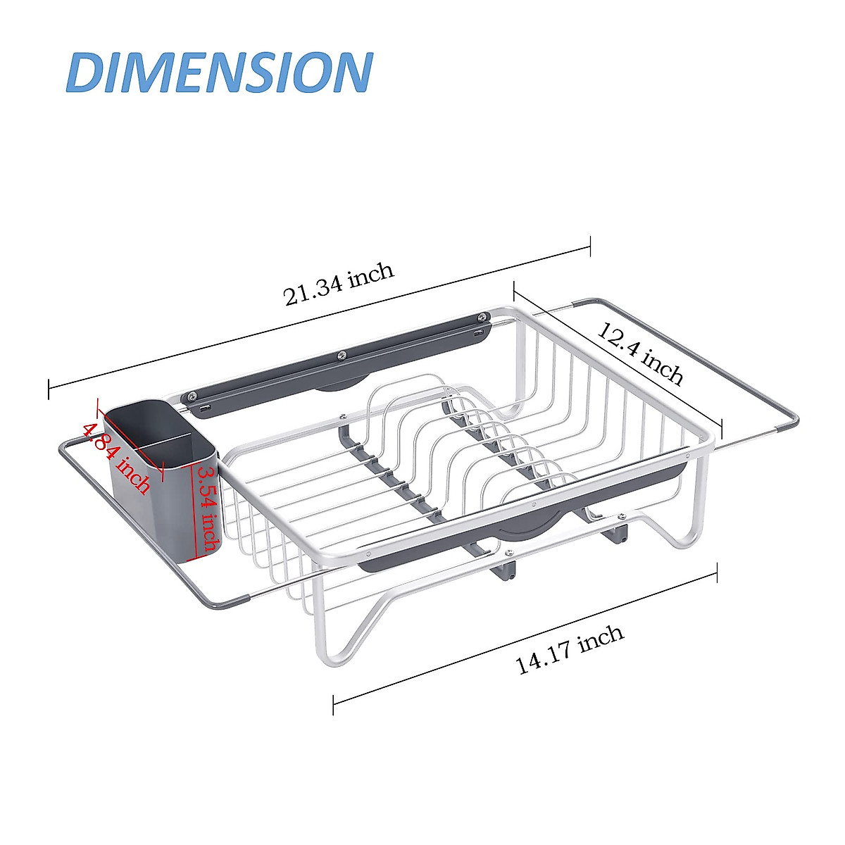 TOOLF Expandable Dish Rack, Aluminum Over The Sink Rack Adjustable Dish Rack in Sink Or On Counter Dish Drainer with Utensil Holder Rustproof for Kitchen
