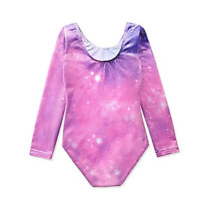 HOZIY Leotards for Girls Gymnastics Size 7-8 Long Sleeve Unitard Size 6-7 Years Old Purple Pink Galaxy Stars Starry Gradients