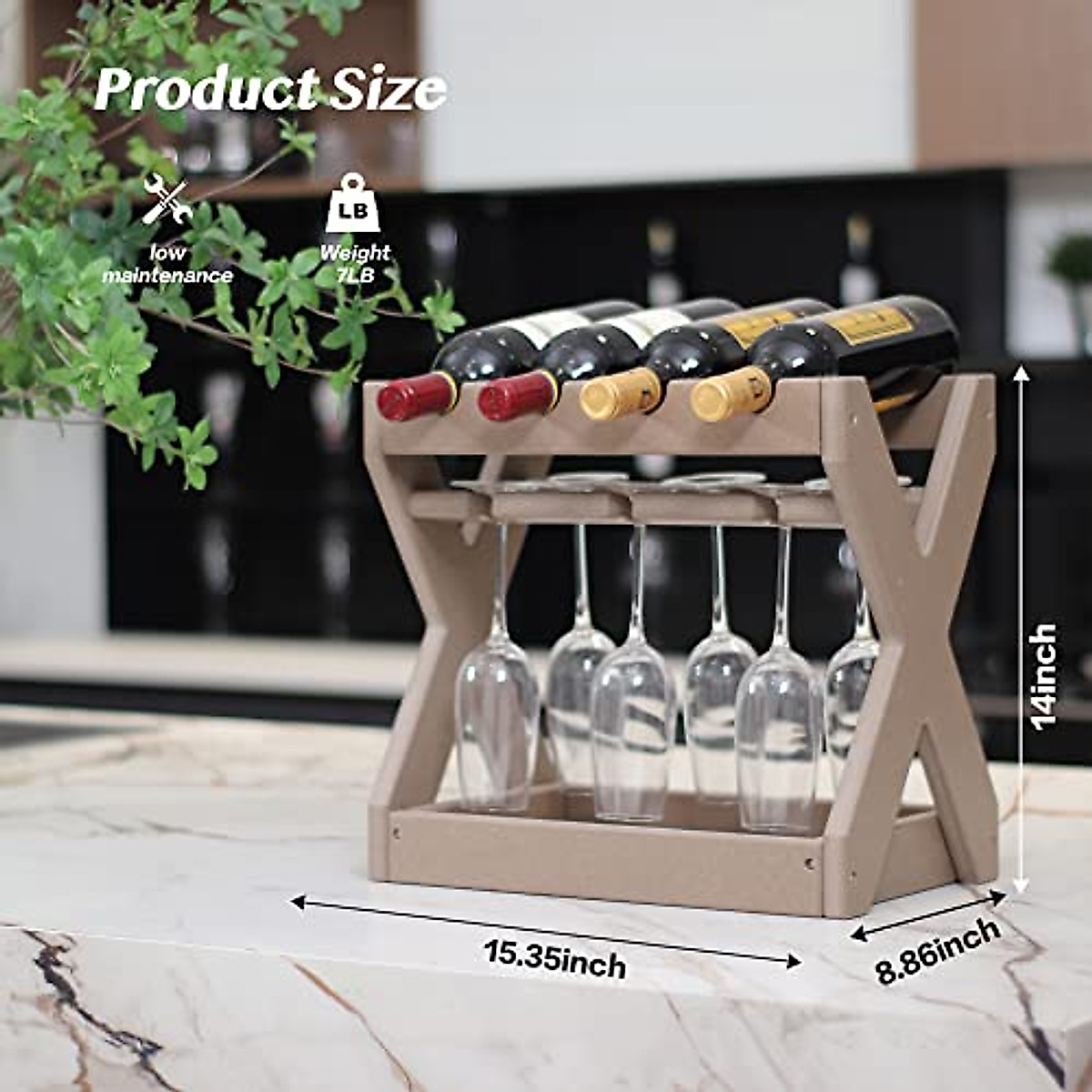 KORVOS Countertop Wine Racks with Glass Holder，4 Bottles Small Wine Rack,High-Density PE Tabletop Wine Bottle Holder for Kitchen, Living Room, Wine Cellar,Bar(Apricot Color)