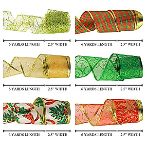 Christmas Ribbon Wired Wrapping Ribbon, 6 Rolls 36 Yards Red Green Gold Christmas Tree Ribbons Garland for Xmas Holiday Decorative Gift Wrapping Tree Wreaths Bows Decorations