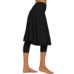 Micosuza Long Swim Skirt with Attached Leggings Modest Sun Protection Sports Skirt for Women Black